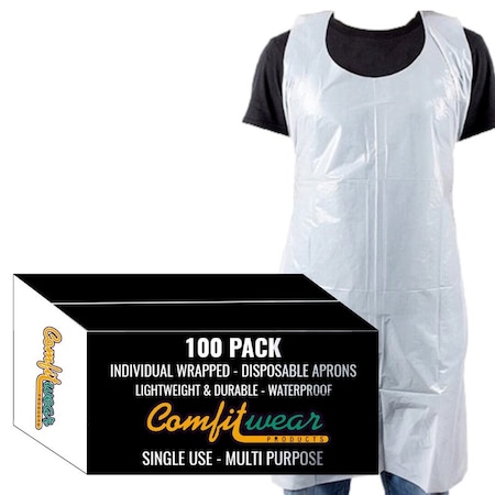 Comfitwear 100 Pack Box Large White Commercial Plastic Disposable Aprons Throw Away Waterproof ...